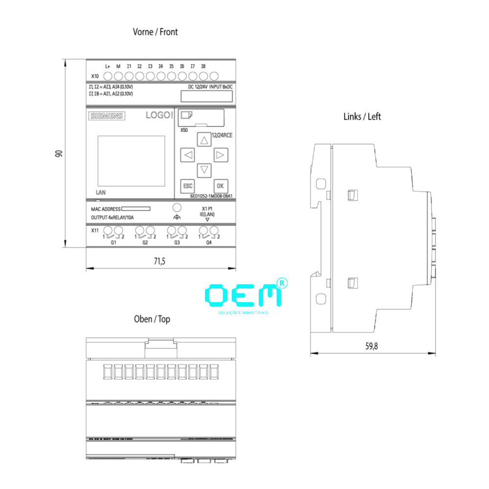 Módulo Lógico LOGO 12/24Rce 8DI/4AI 4DO 400 BLOCKS COM DISPLAY - 6ED1052-1MD08-0BA1